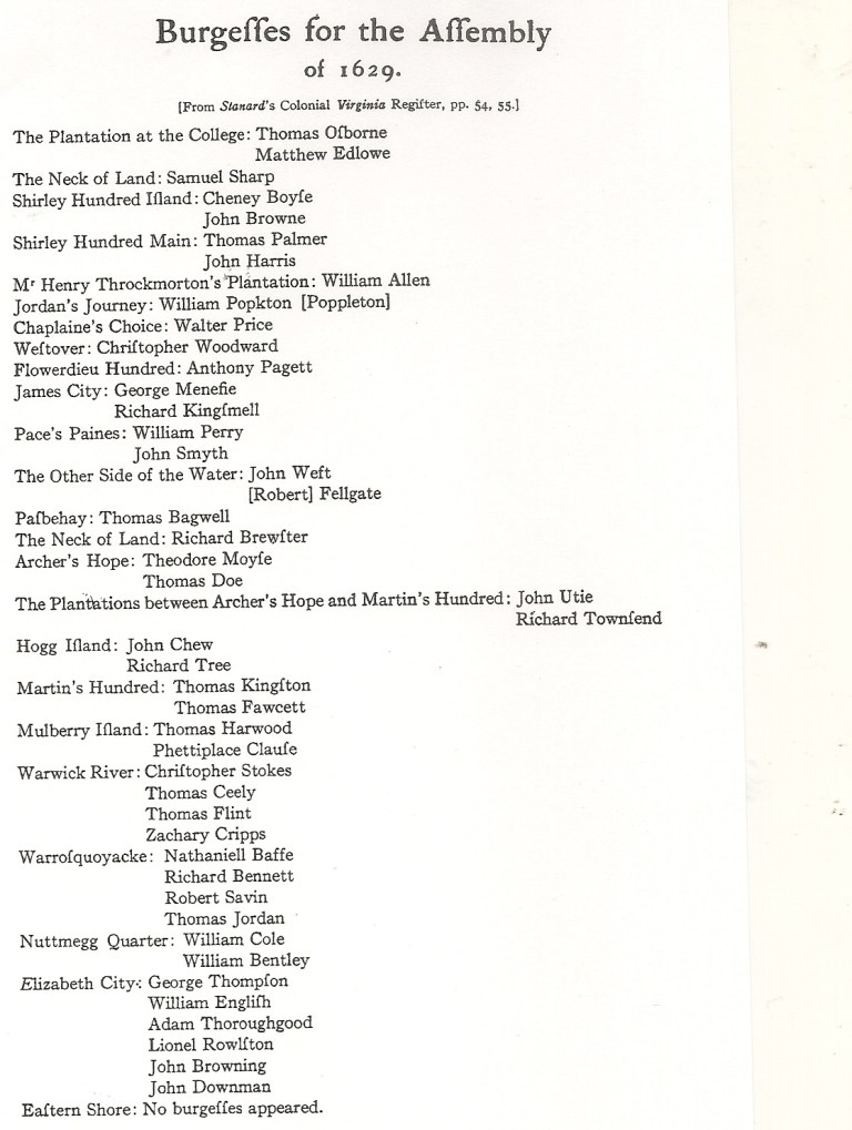 Members of Virginia House of Burgesses 1619 to 1660 | Live as Free People