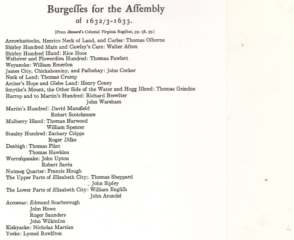 Members of Virginia House of Burgesses 1619 to 1660 | Live as Free People