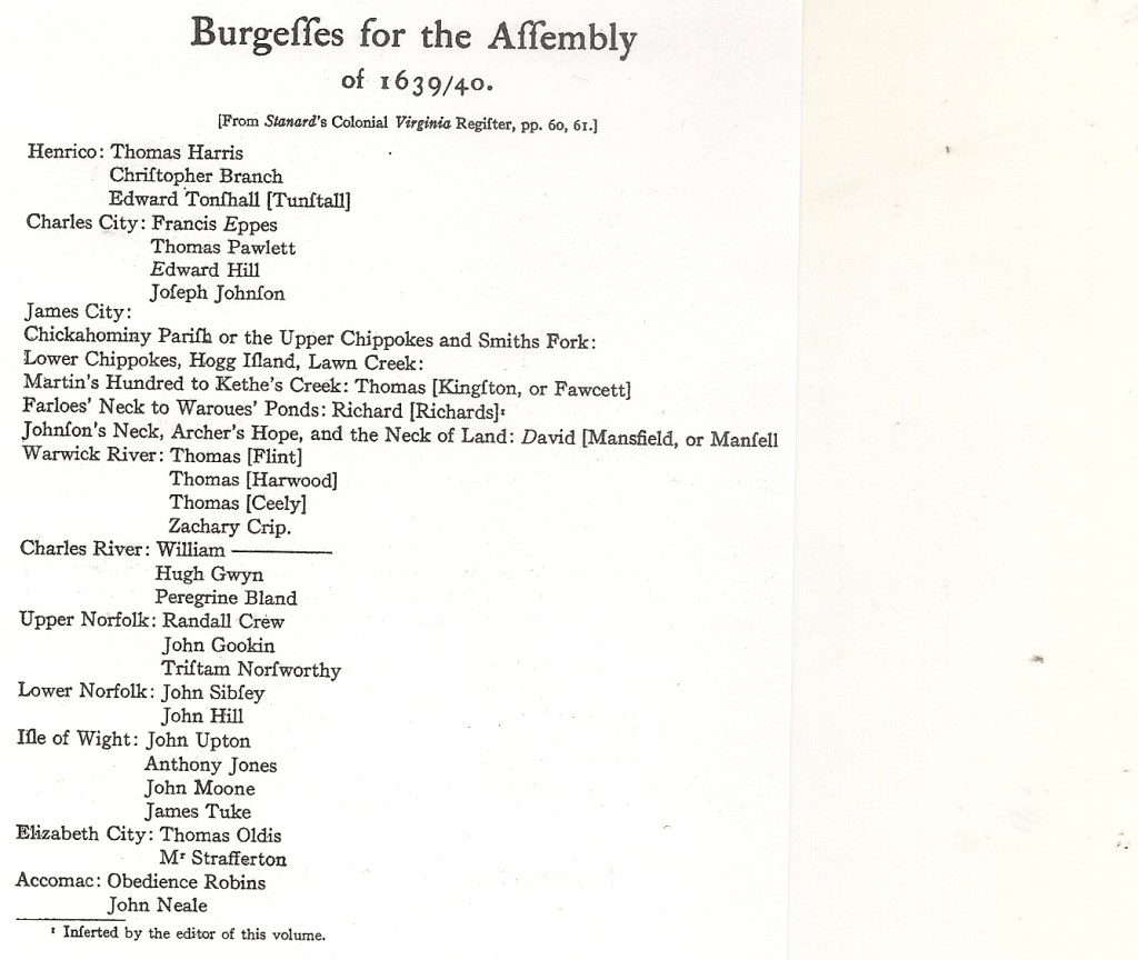 Members of Virginia House of Burgesses 1619 to 1660 | Live as Free People