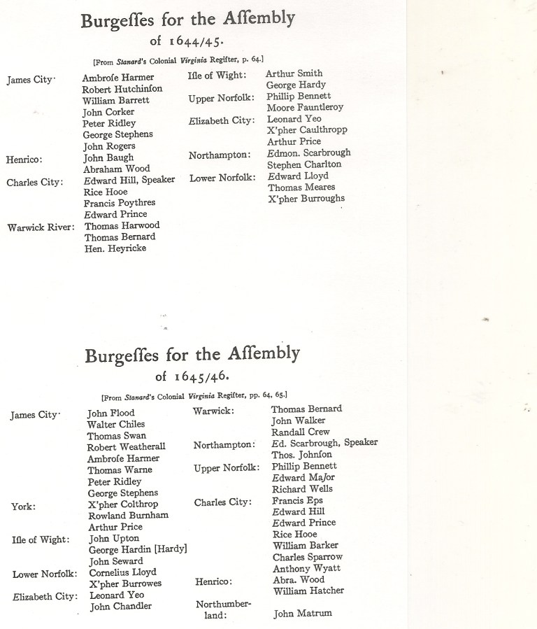 Members of Virginia House of Burgesses 1619 to 1660 | Live as Free People